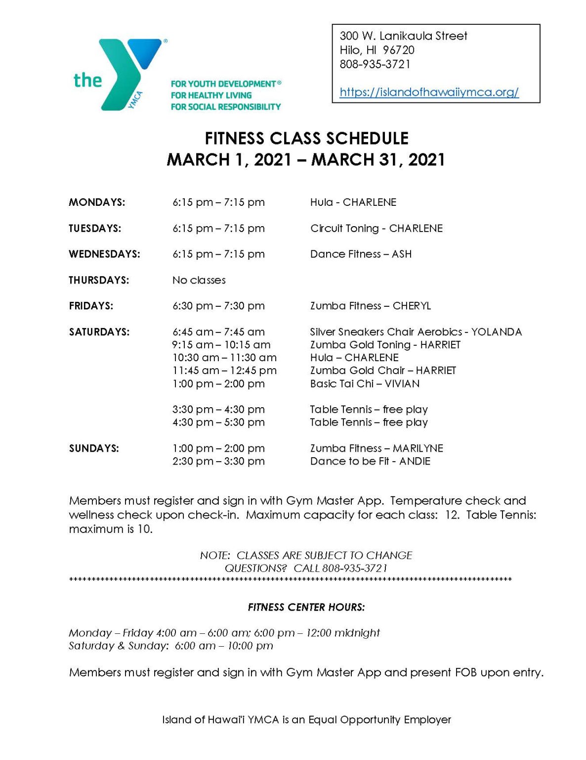 March, 2021 – Fitness Class Schedule – Island of Hawaii YMCA